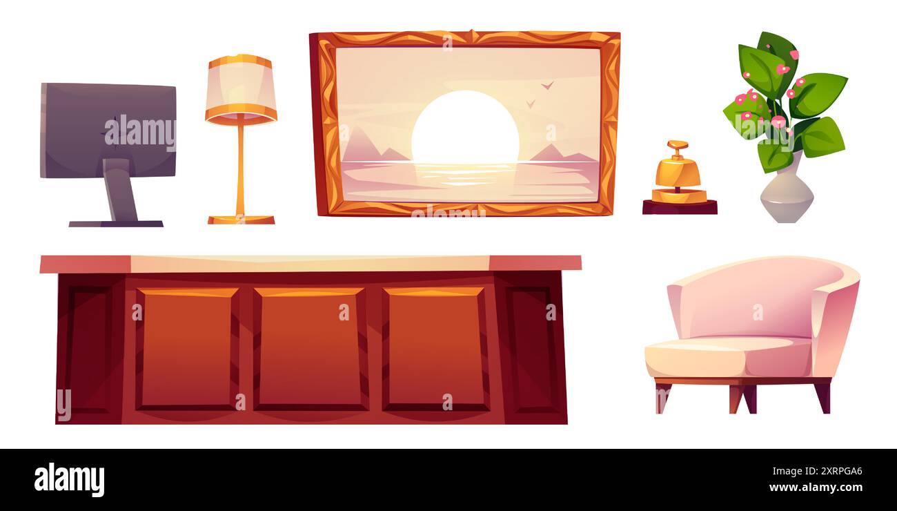 Hotel reception furniture set isolated on white background. Vector ...