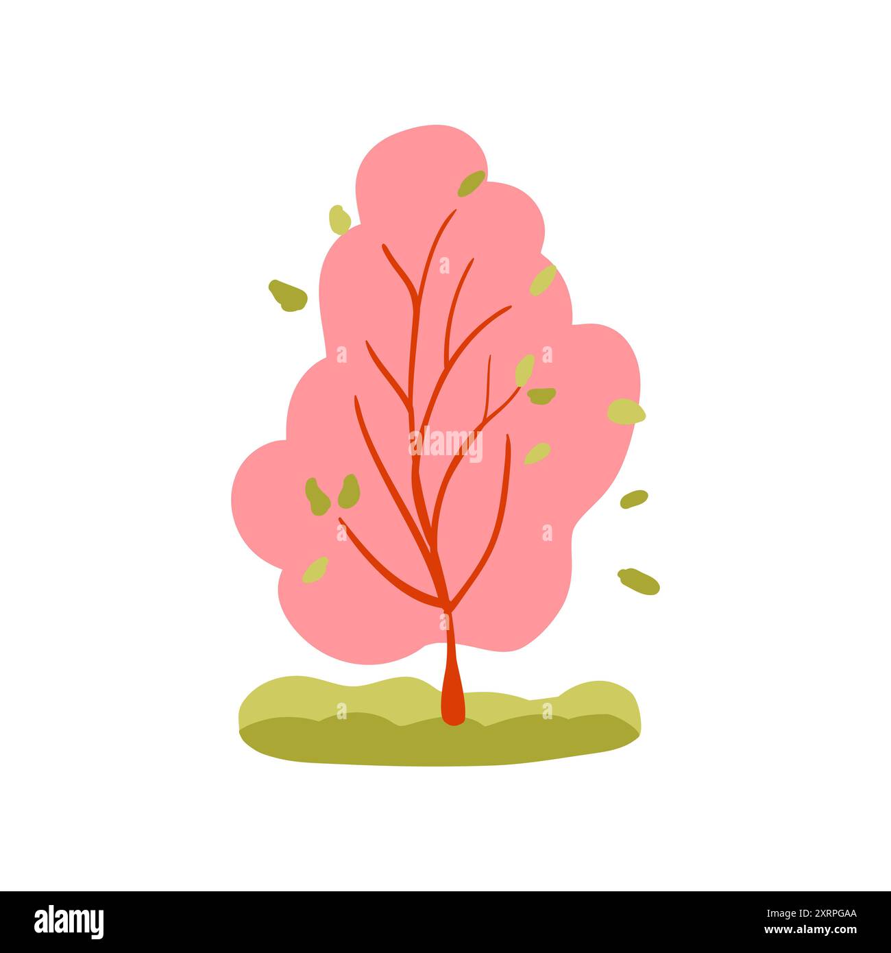 Hand drawn tree icon. Simple design with pink, green grass, and autumn ...