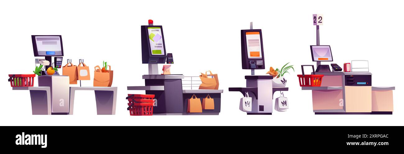 Supermarket self checkout service kiosk with screen and scanner, pos terminal for payment, food ...