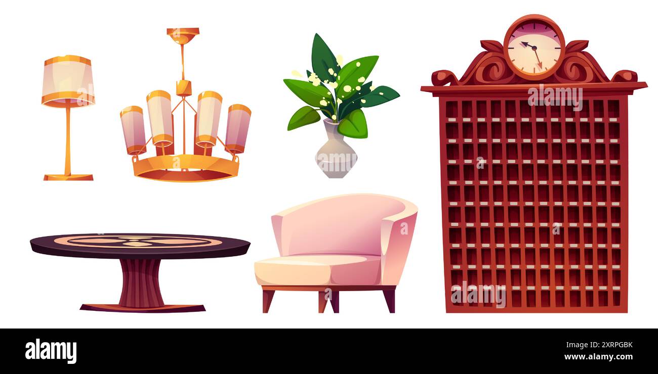Hotel lobby and reception interior furniture and decorative elements ...