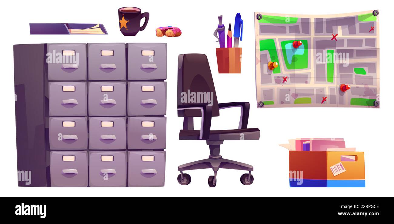 Detective office interior furniture and elements. Cartoon vector set of ...