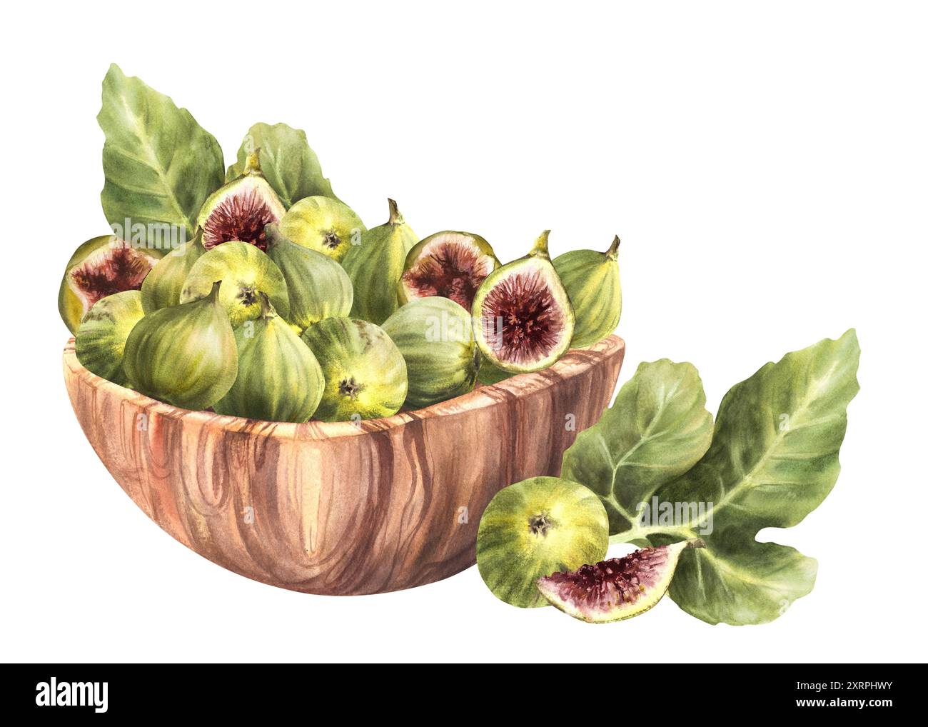 Ripe figs fruit with leaves in wooden bowl Picked whole and cut fruit ...
