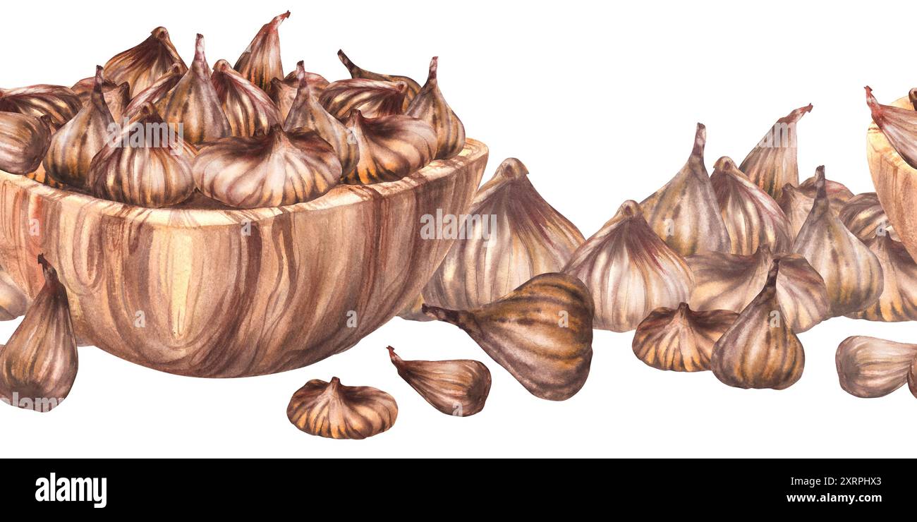 Dried figs in wooden bowl. Dry fruit harvest. Seamless border, pattern ...