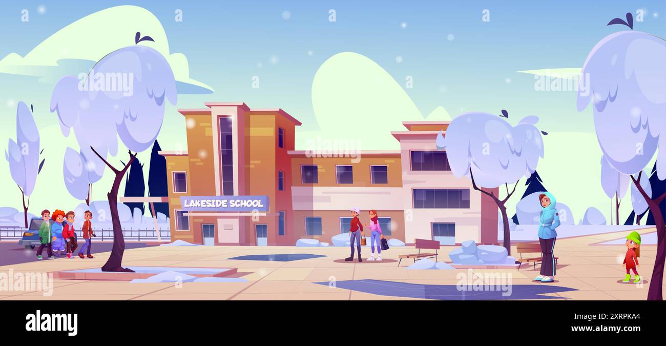 School building exterior on winter. Cartoon vector illustration of city ...