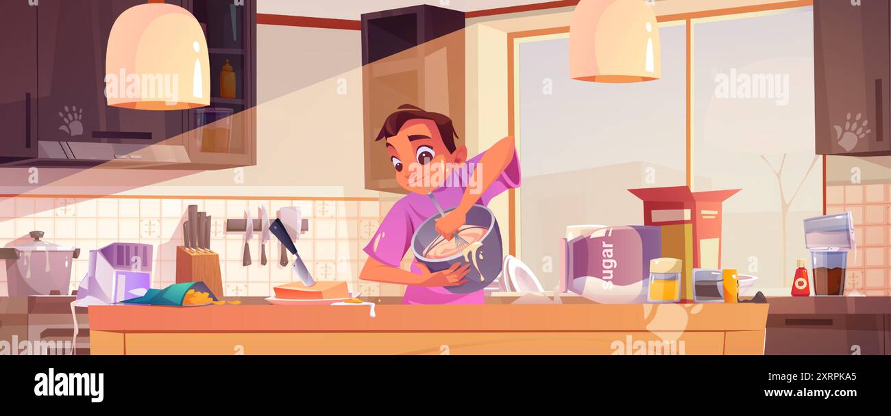 Teen boy cooking in dirty messy home kitchen interior. Cartoon vector ...
