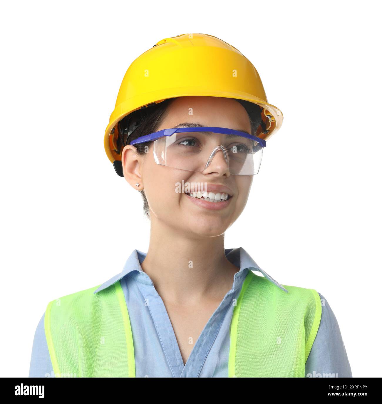 Engineer in hard hat and goggles on white background Stock Photo - Alamy