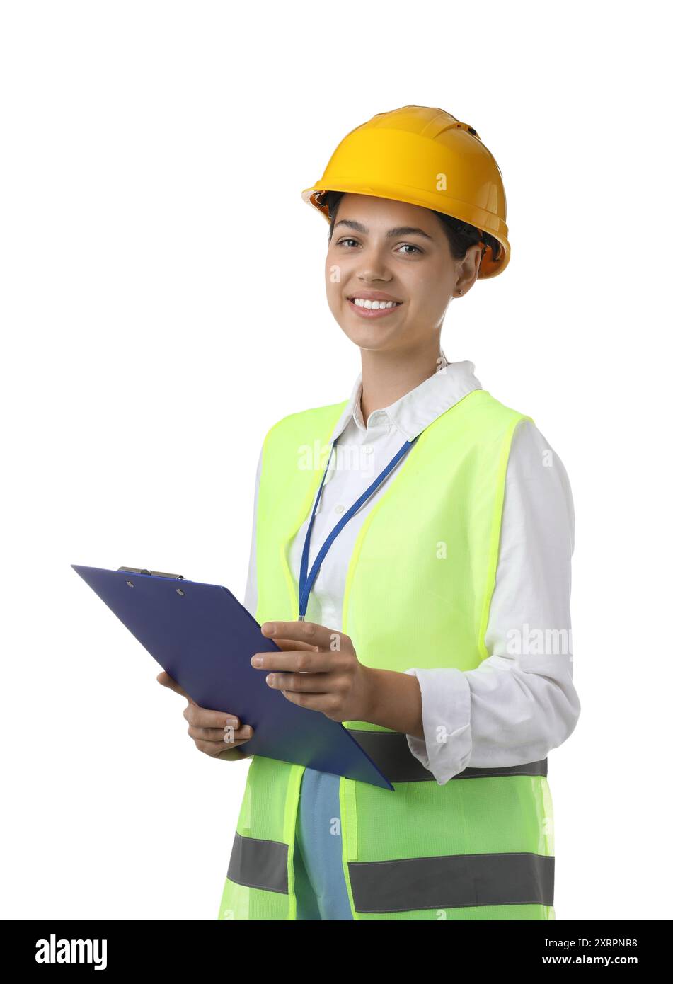 Engineer in hard hat with clipboard on white background Stock Photo - Alamy