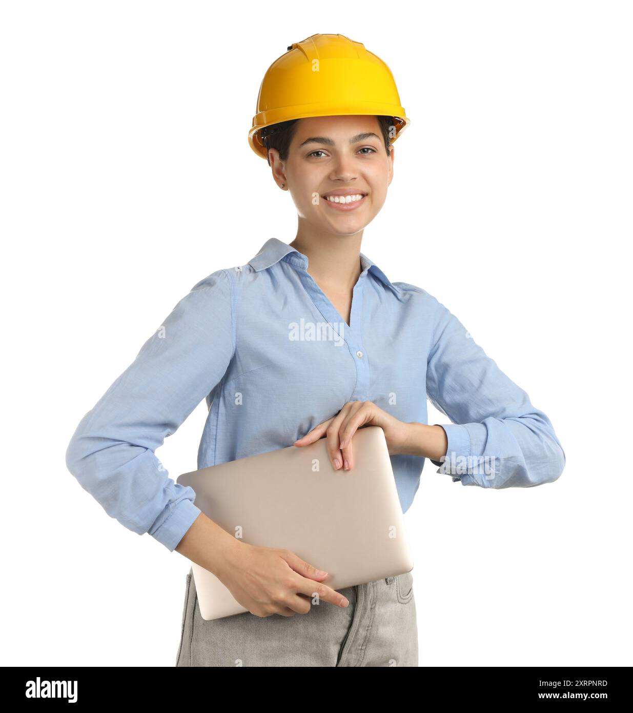 Engineer in hard hat with laptop on white background Stock Photo - Alamy
