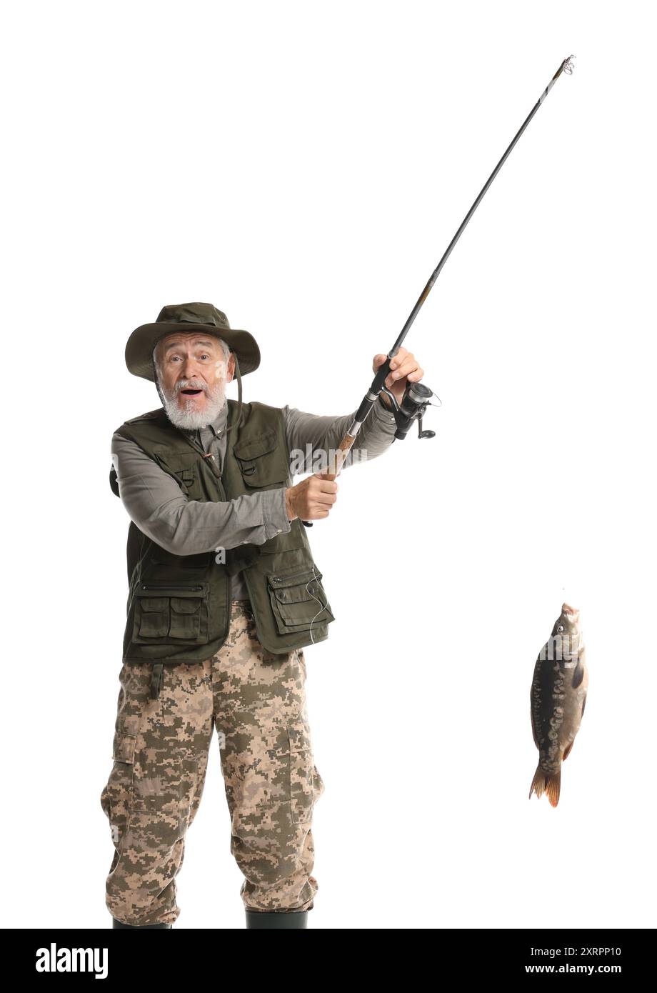 Fisherman with rod and catch on white background Stock Photo - Alamy