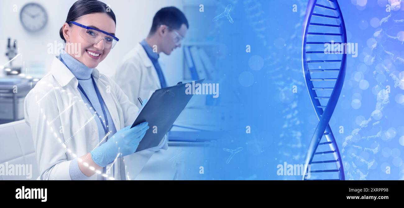 Scientists working in laboratory and illustrations of DNA, double ...