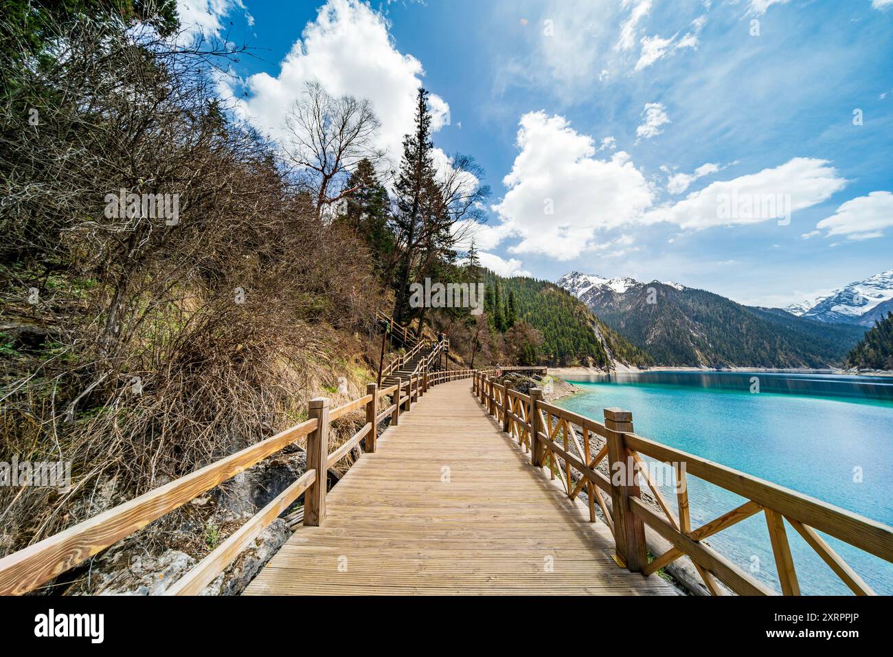 Walking path at Long Lake, aka Chang Hai, in Jiuzhai Valley National ...
