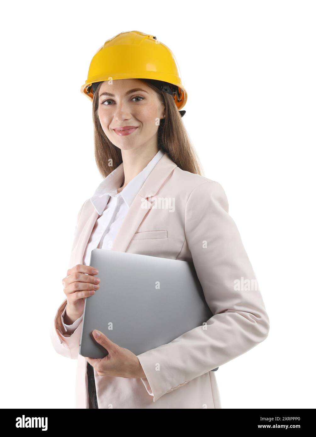 Engineer in hard hat with laptop on white background Stock Photo - Alamy