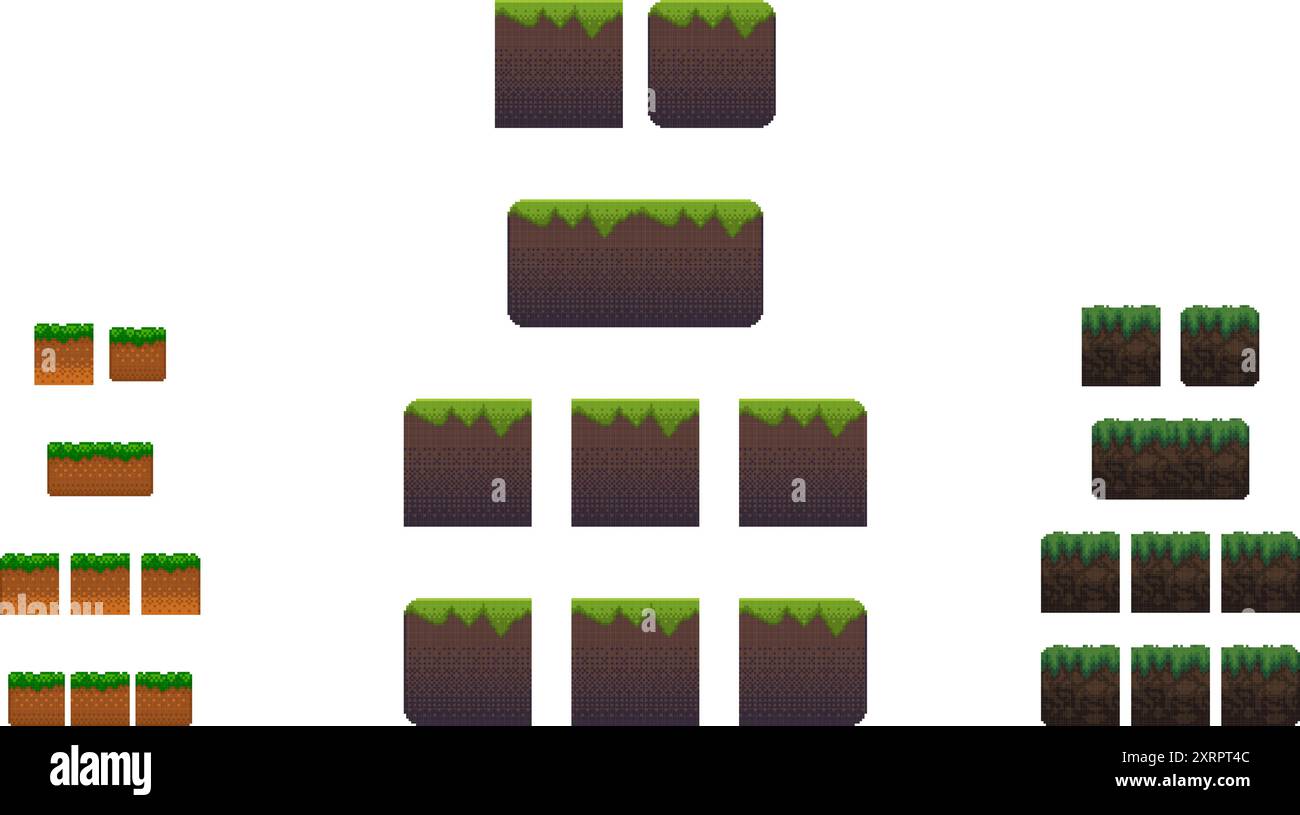 Pixel Art Ground Platform Tile Set Different Square Texture Grid