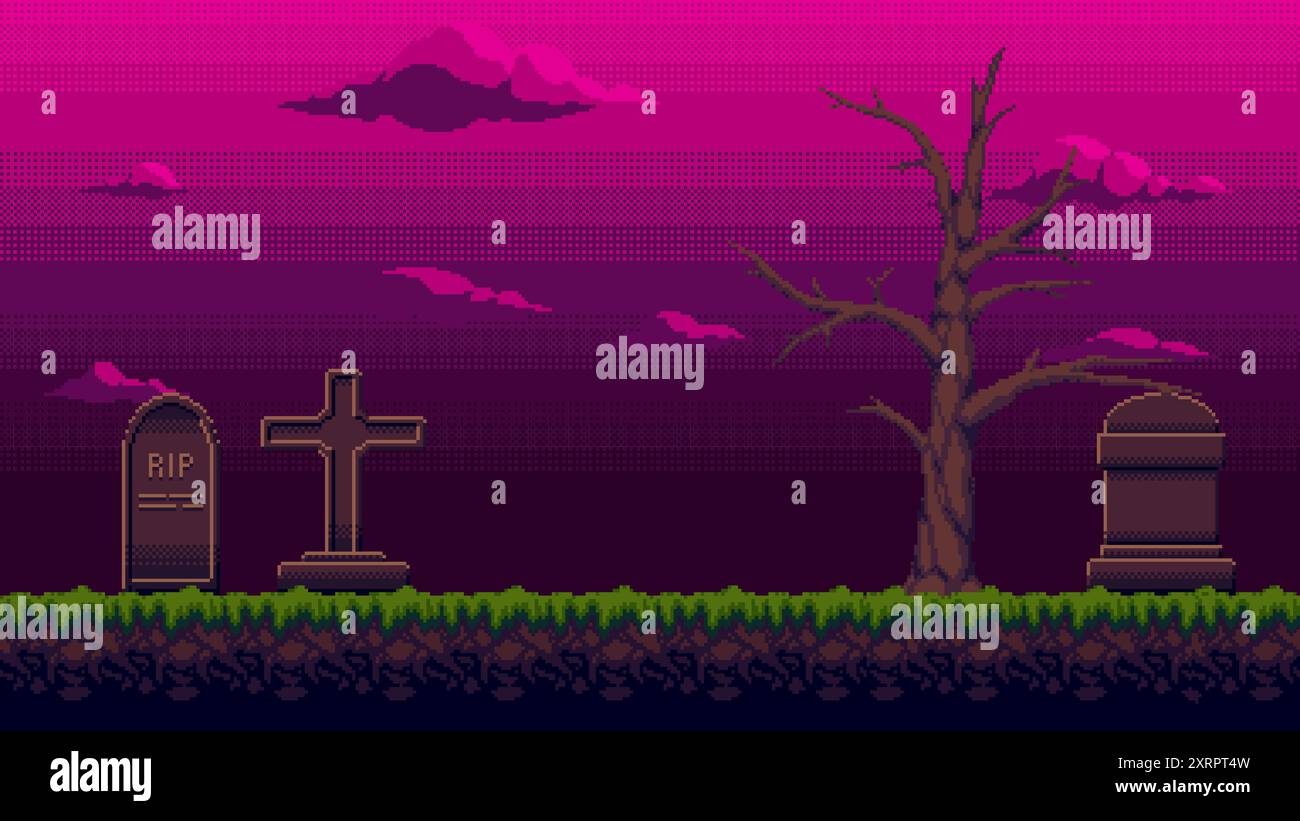 Pixel art graveyard landscape. Cemetery seamless background for 8 bit ...