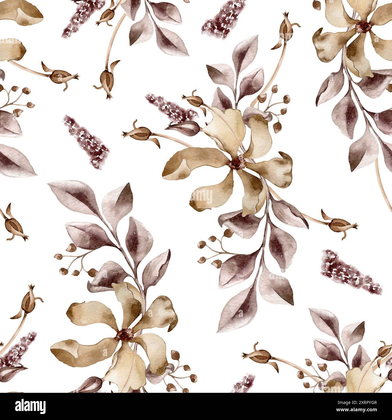 Flowers with leaves seamless pattern in maroon color. Blossom plants ...