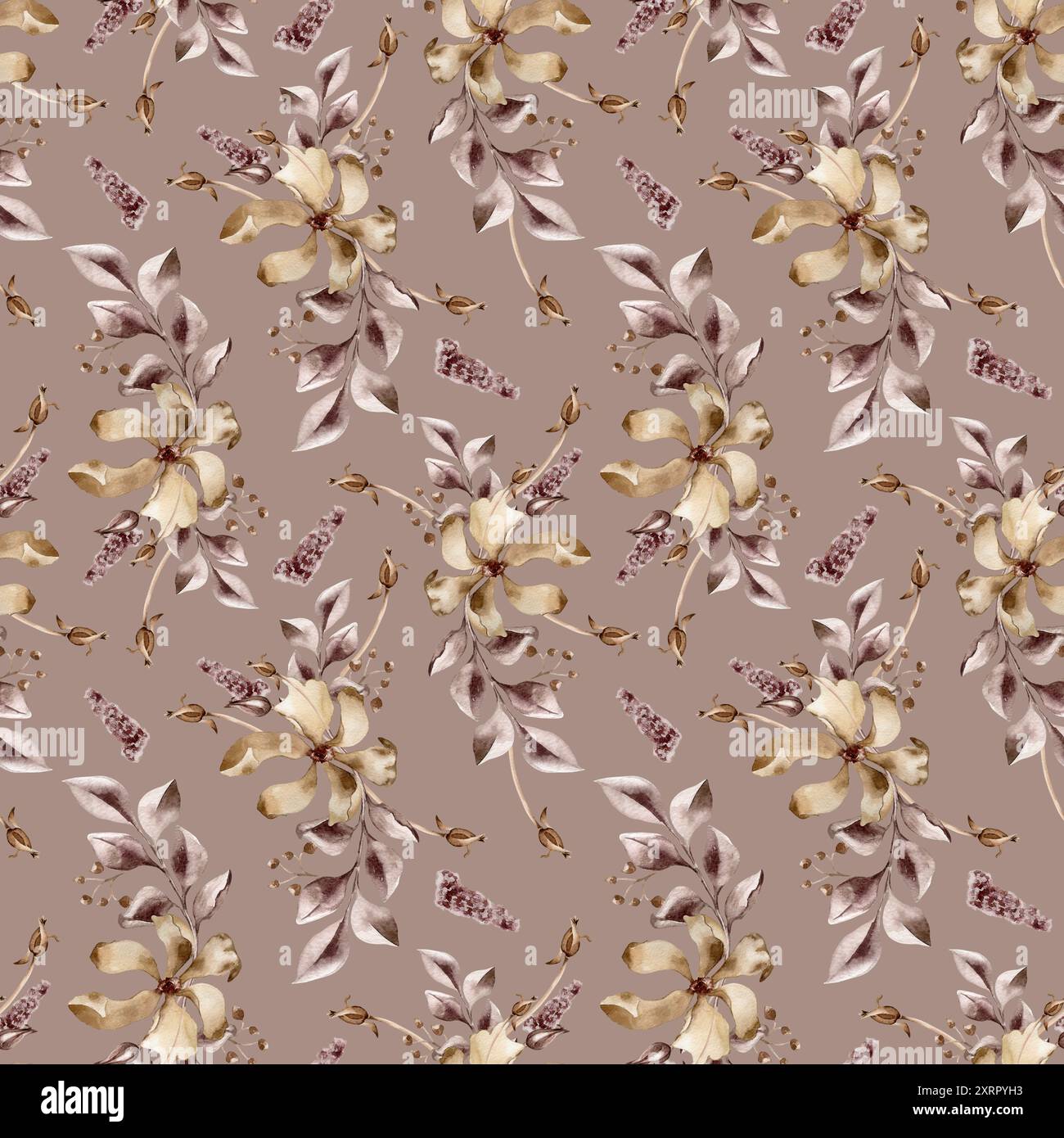 Flowers with leaves seamless pattern in maroon color. Blossom plants ...