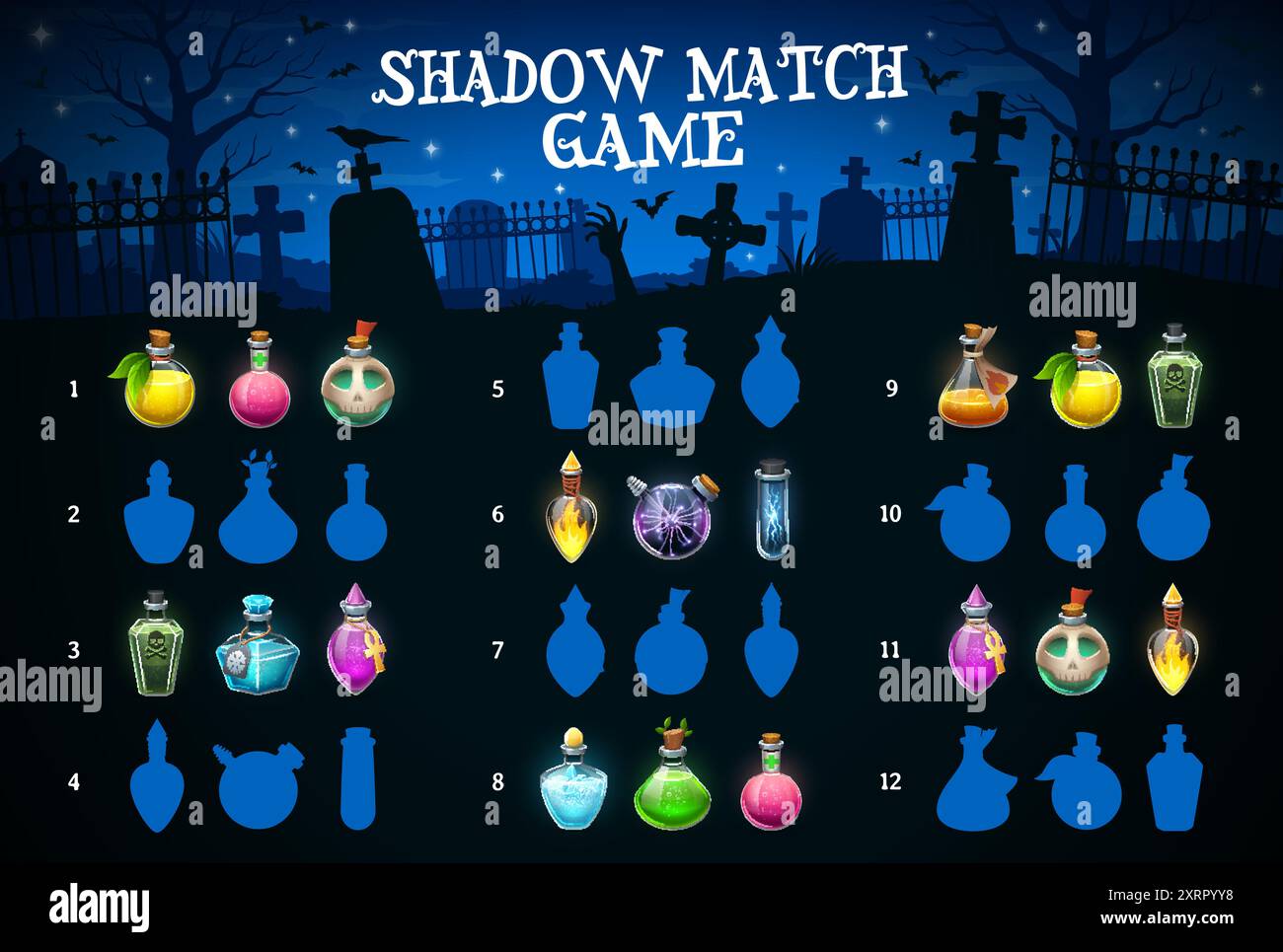 Halloween kids game to find correct shadow of potion bottles, vector ...