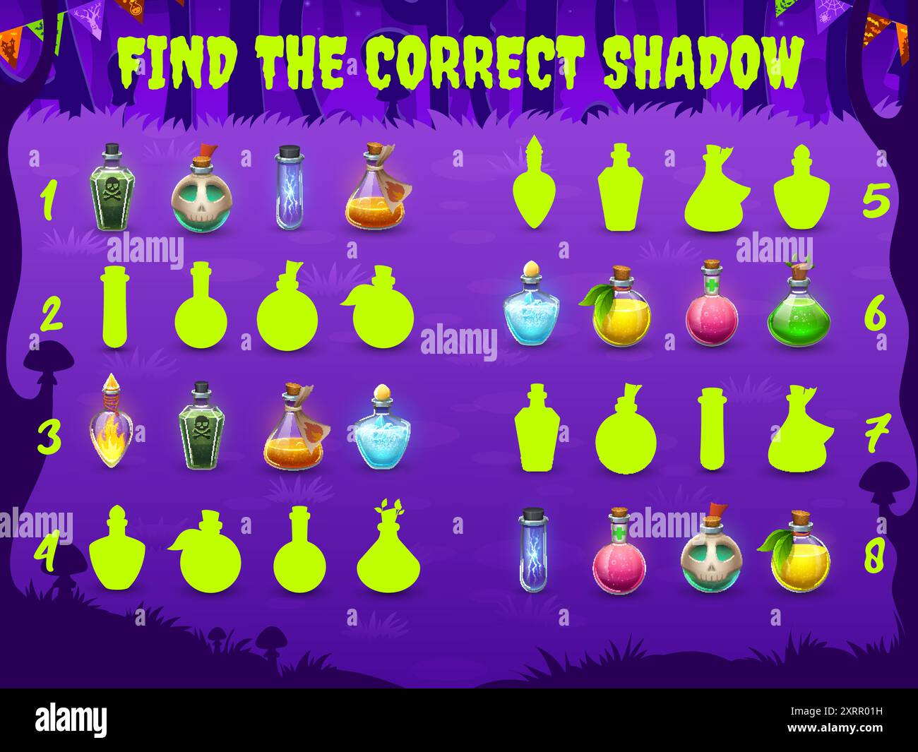 Halloween kids game, find correct shadow of potion bottles or poison ...