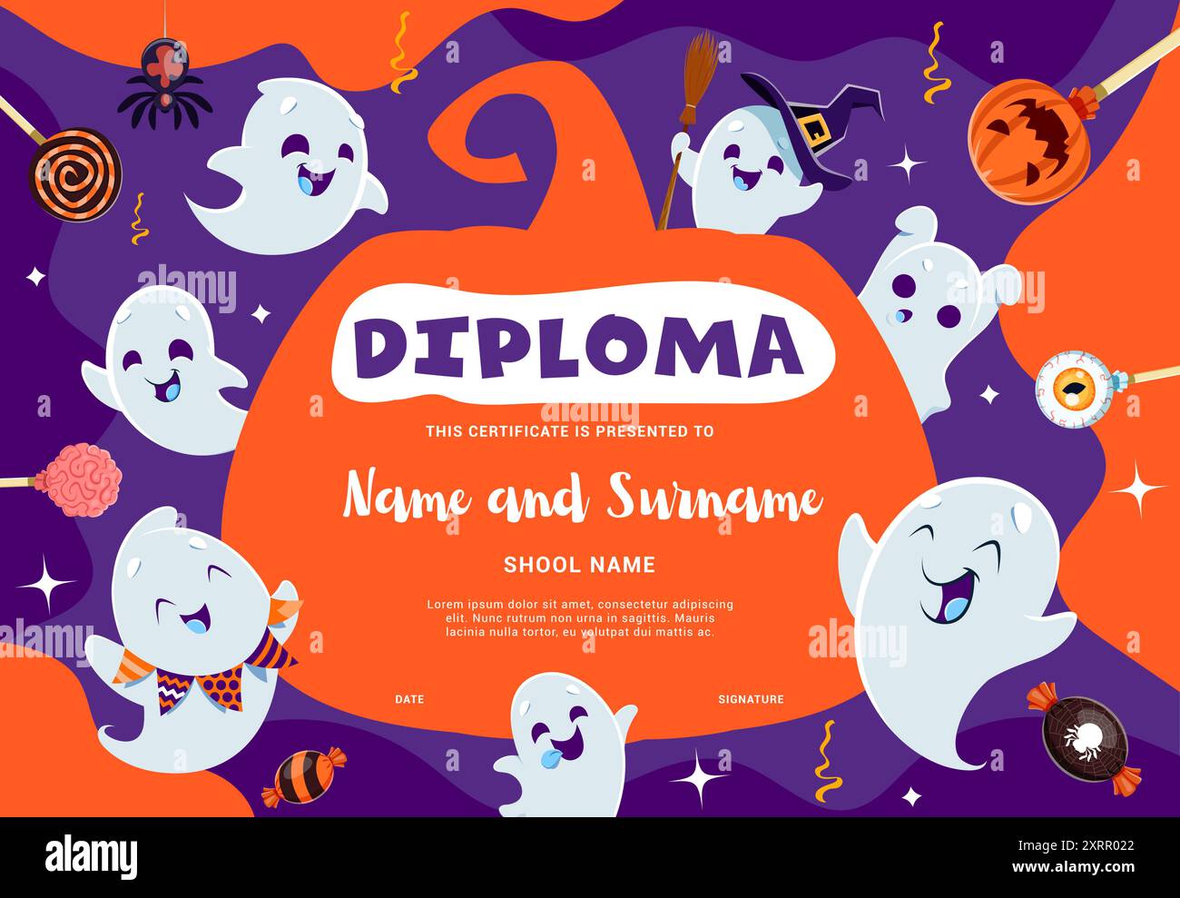 Halloween kids diploma with cute kawaii ghost characters. Kids ...