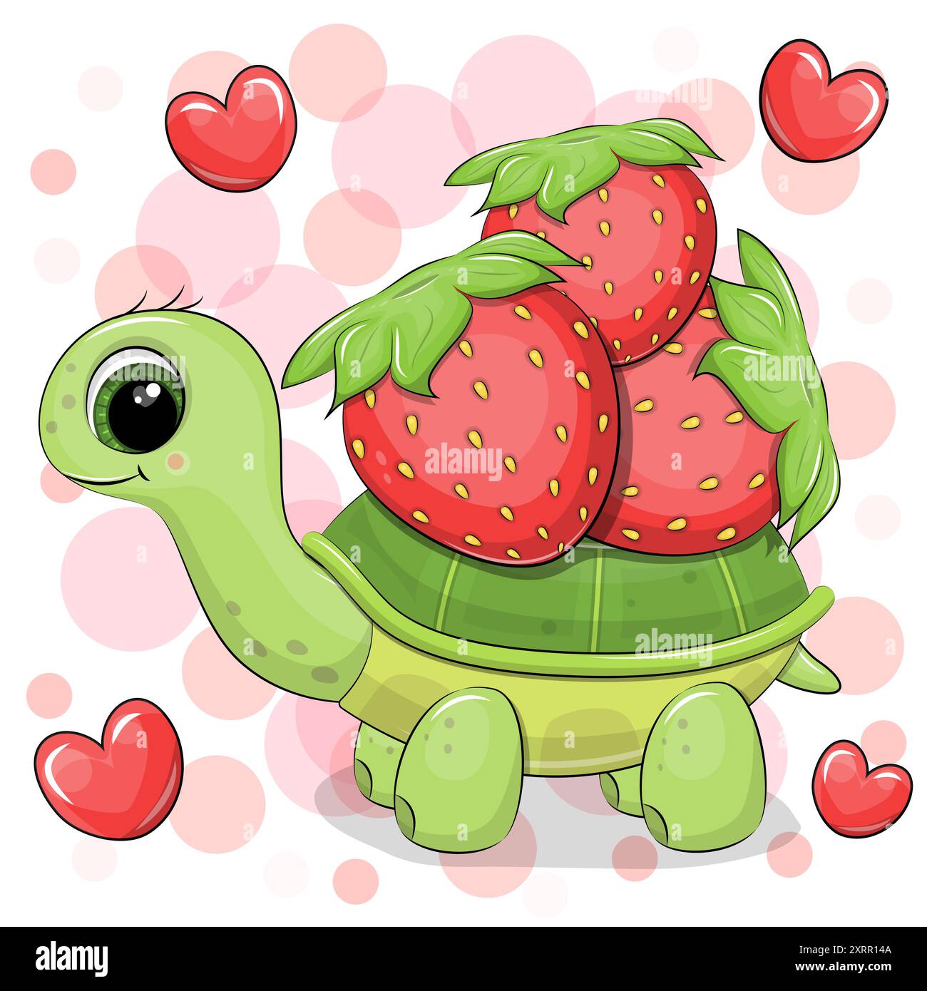 Cute cartoon tortoise holds three strawberry. Vector illustration of an ...