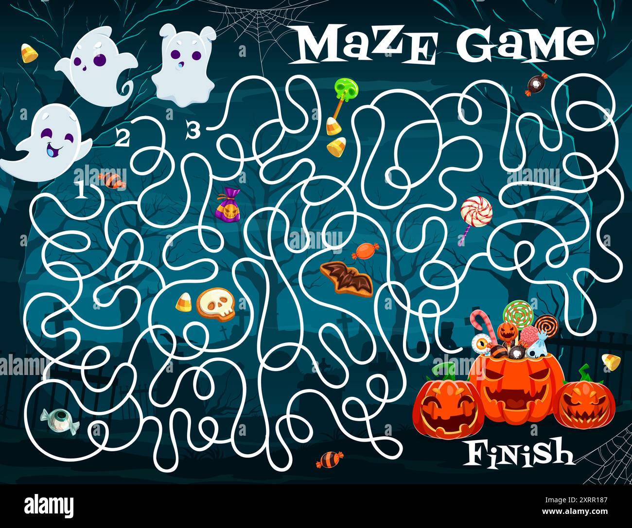 Halloween labyrinth maze quiz game, help to cute kawaii ghost ...