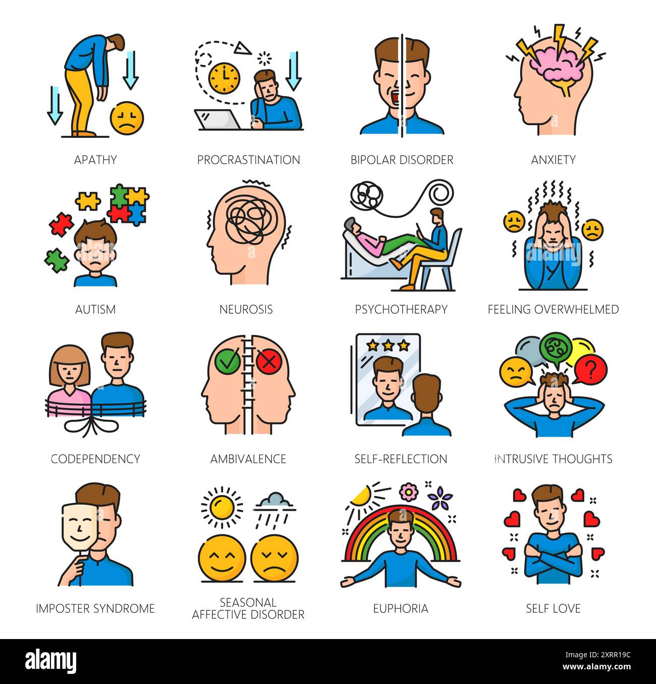 Mental health color icons, psychological disorder problems. Human ...