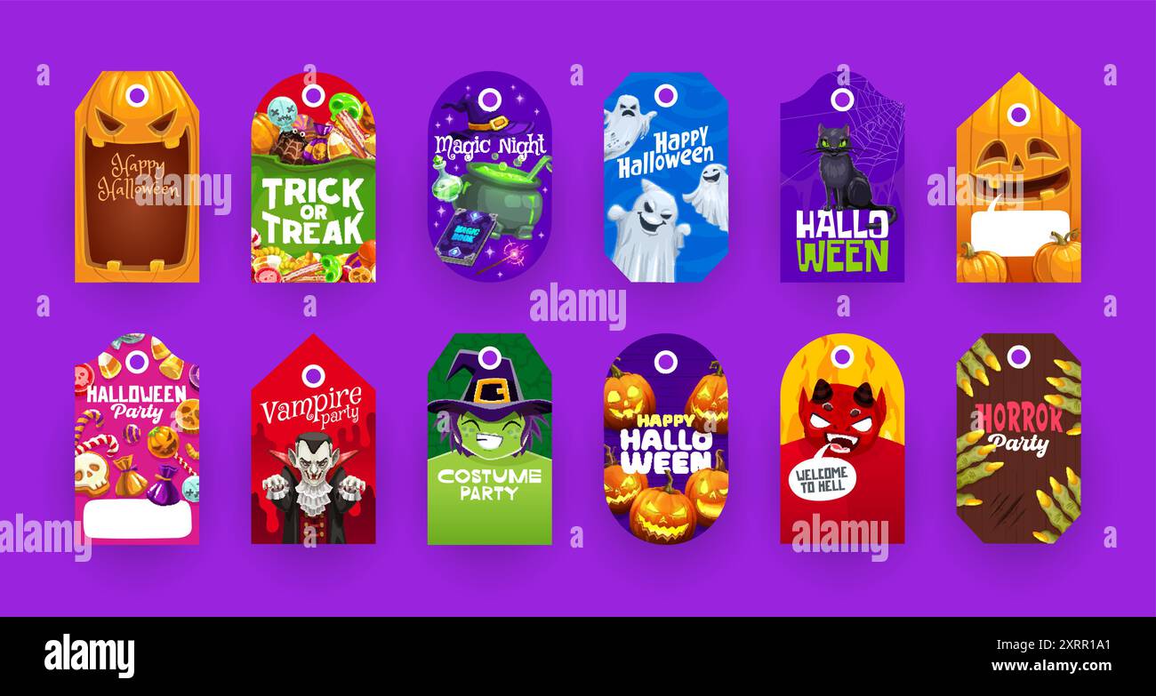 Halloween holiday gift tags. Isolated vector badges with ghosts, jack ...