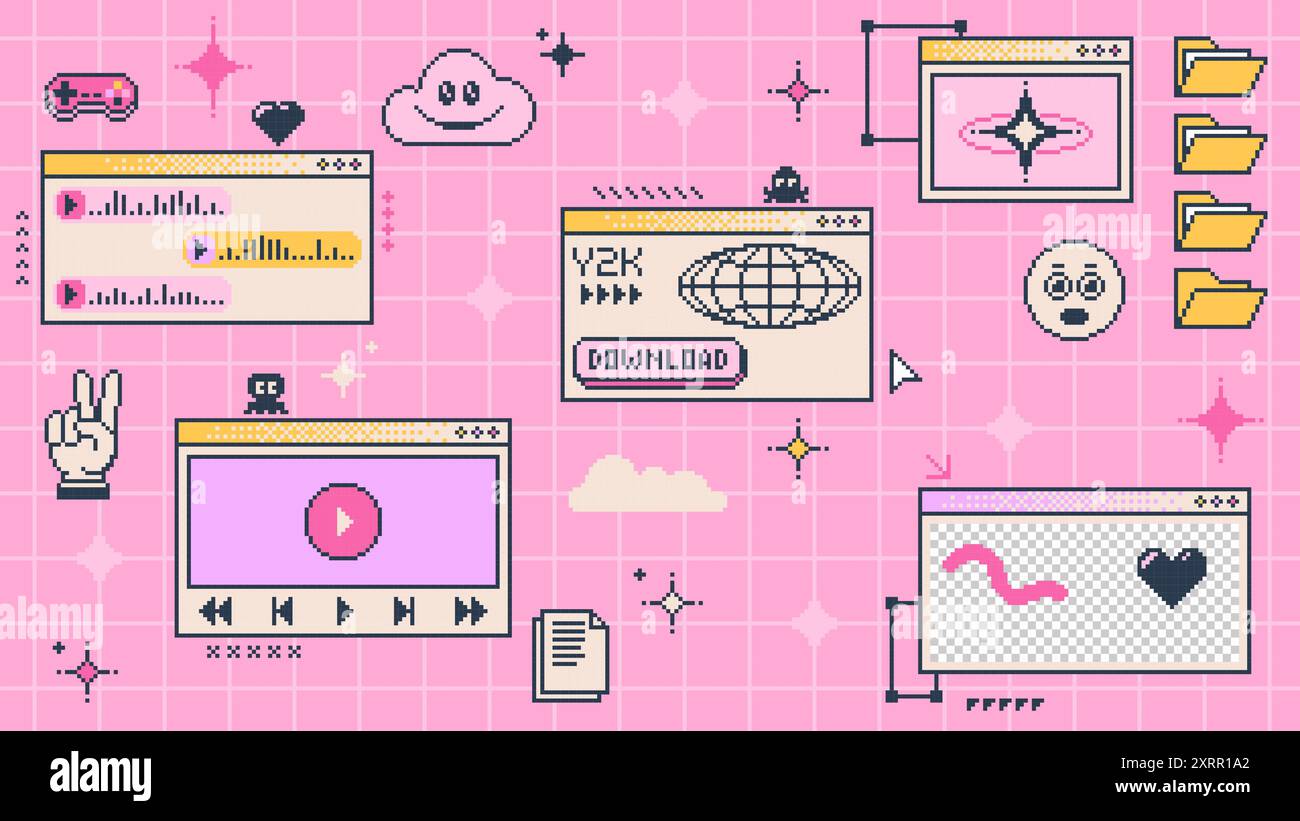 Retro y2k computer window page interface, vector UI. Pixel art old web browser and desktop pc ...