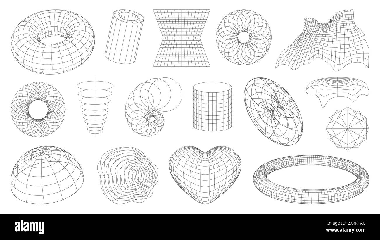 3d wireframe shapes, brutal perspective grid, retro tech mesh abstract geometric figures. Vector ...