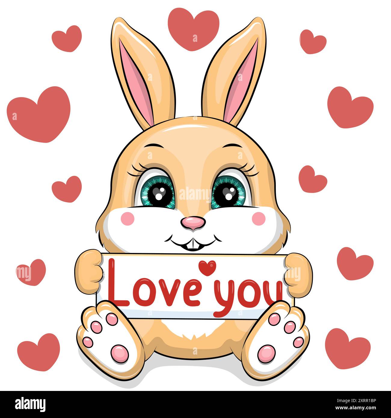 Cute cartoon baby rabbit with love you banner. Vector illustration of ...