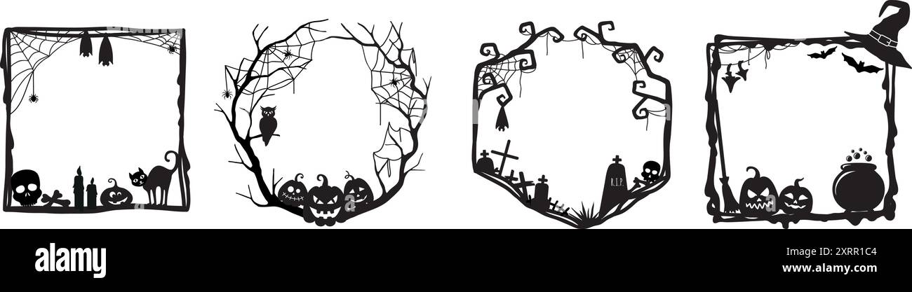 Halloween grunge black frames of holiday horror night with pumpkins ...