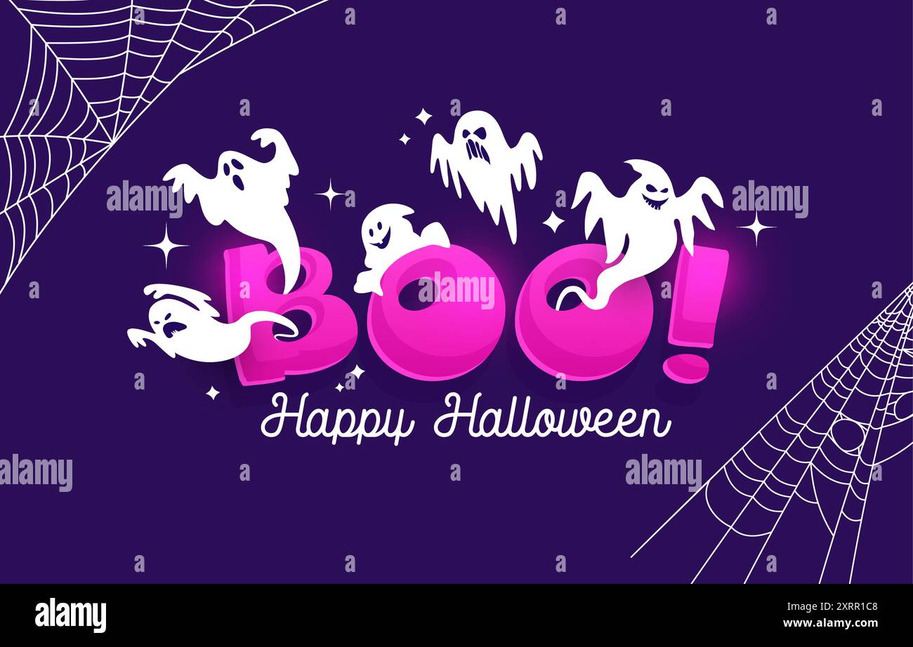 Halloween boo banner with cute kawaii ghost characters, vector horror holiday. Flying white ...