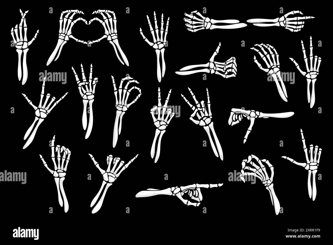 Skeleton hand gesture icons, finger bones with peace sign and love ...