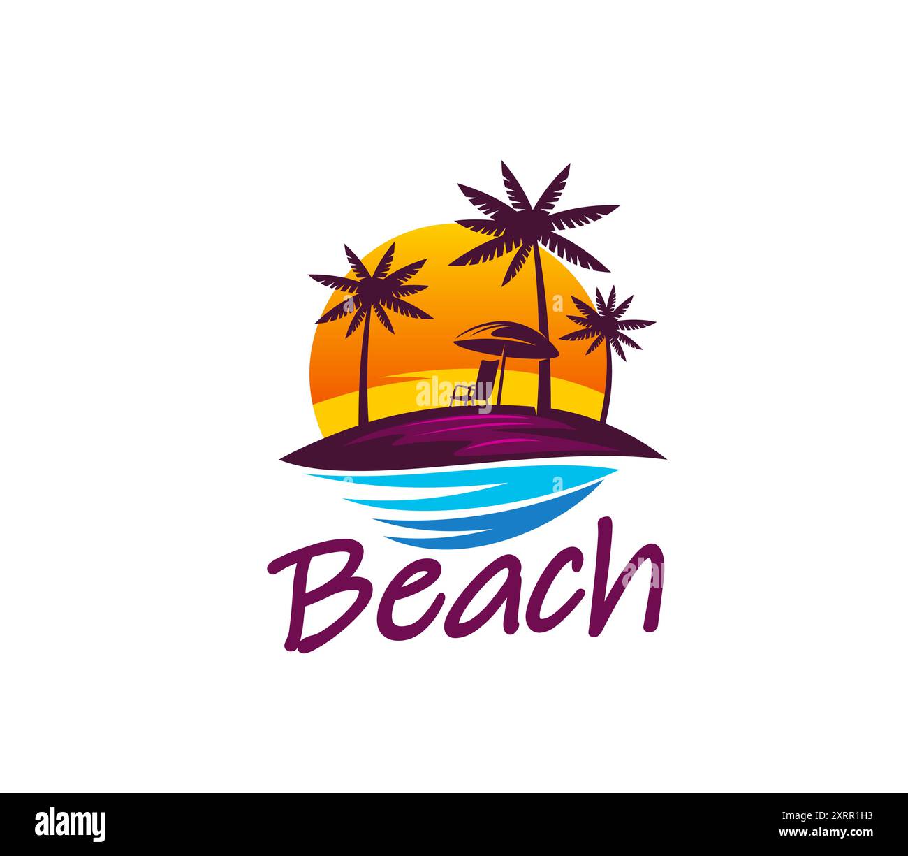Beach icon, summer tropical island with palms and sunrise on sea ...