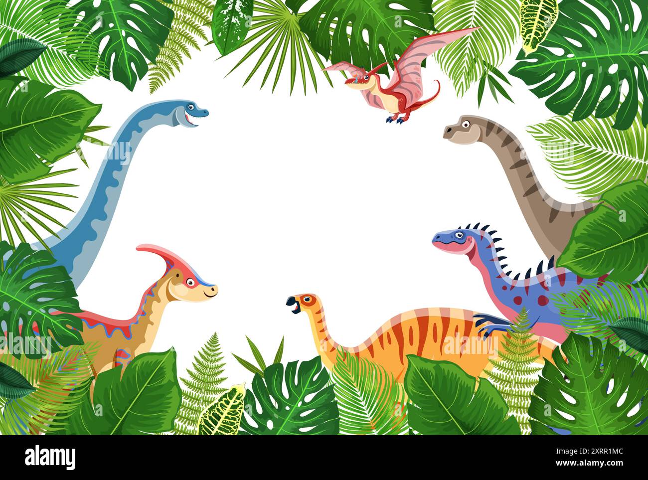 Tropical jungle frame and prehistoric cartoon dinosaurs. Jurassic dino ...