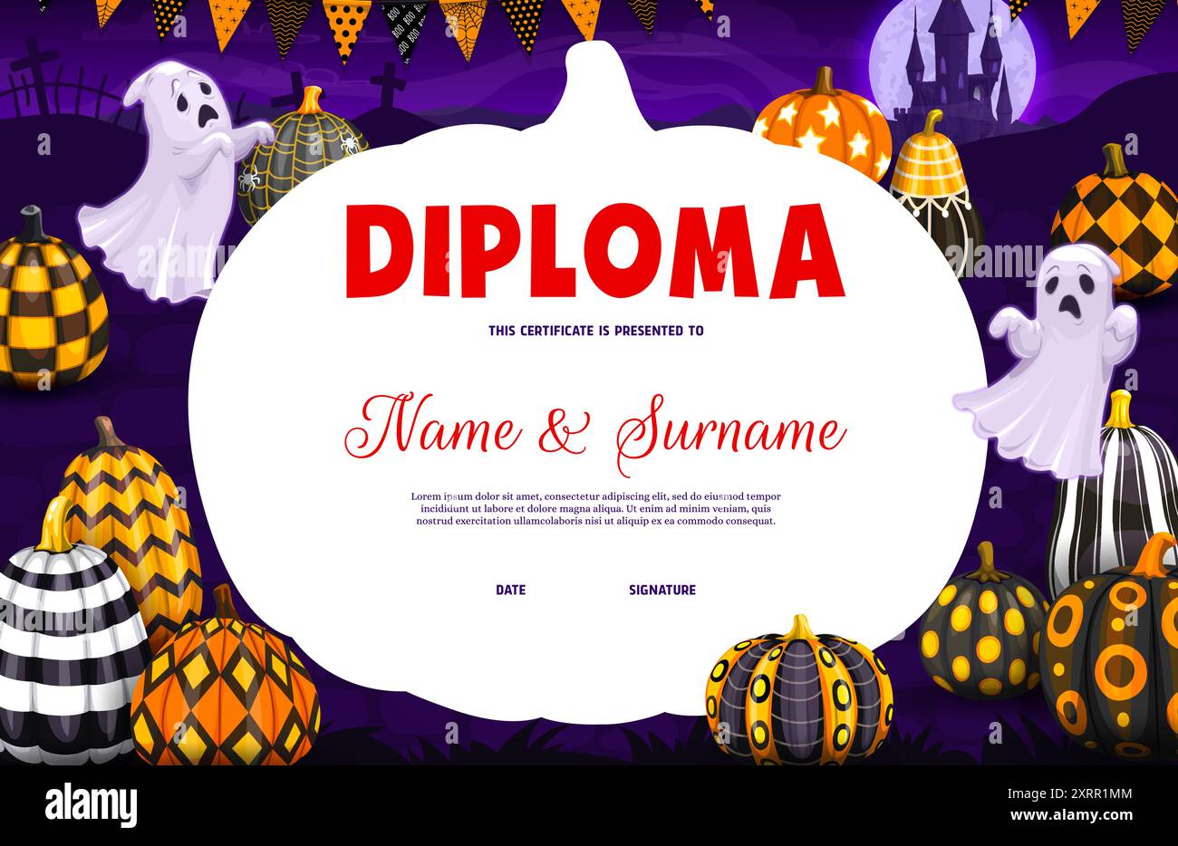 Halloween kids diploma with patterned pumpkins. Vector certificate of ...