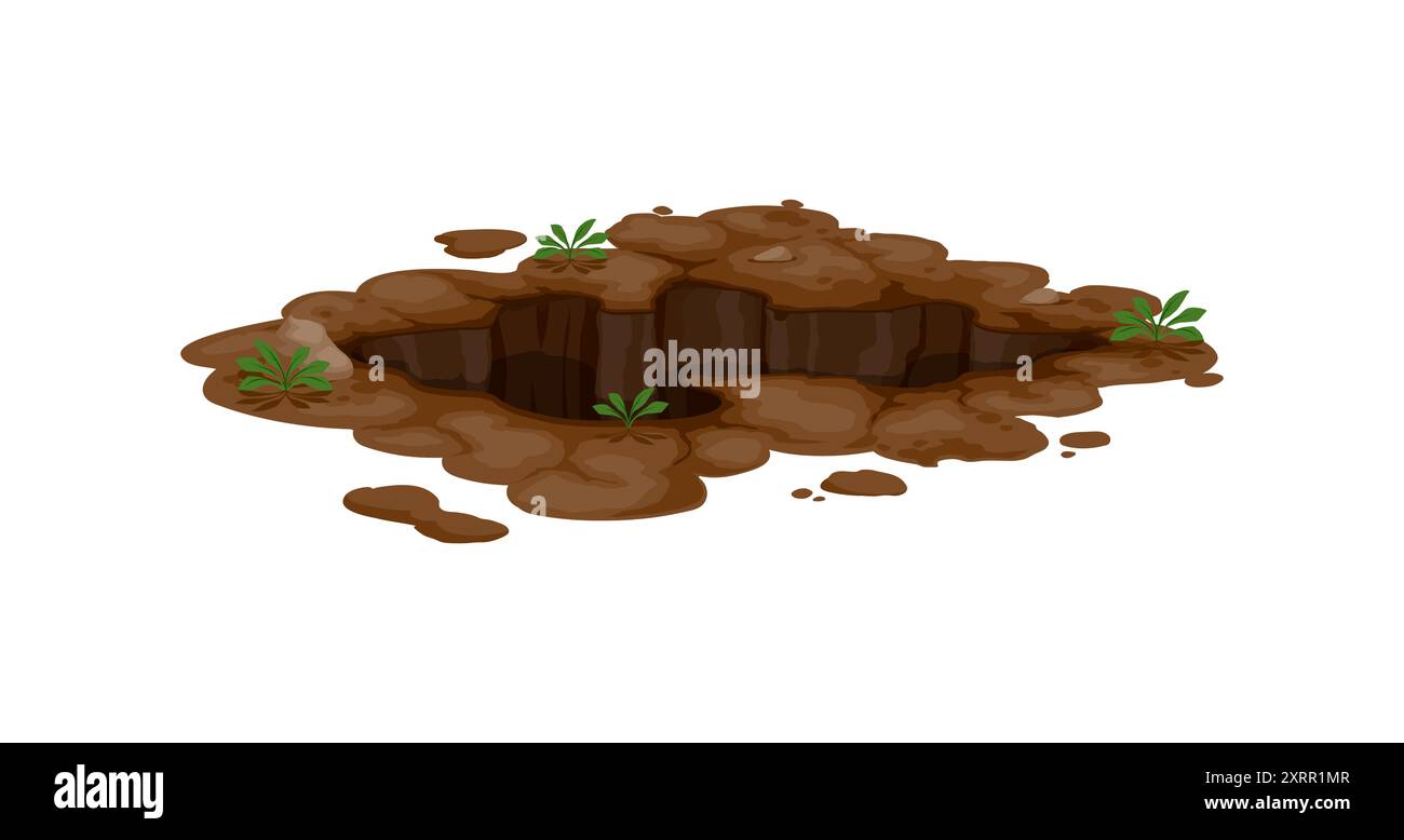Dirty pit burrow or deep ground hole and underground dig in earth soil ...