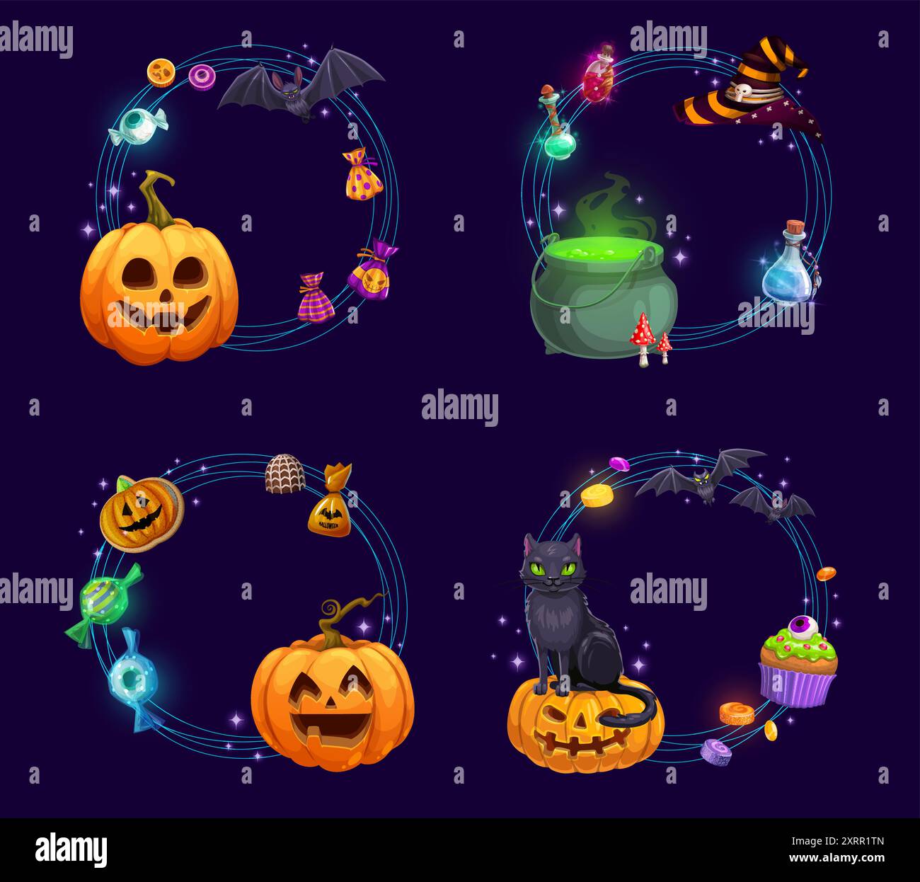 Halloween holiday frames with fairytale characters and candies. Autumn ...