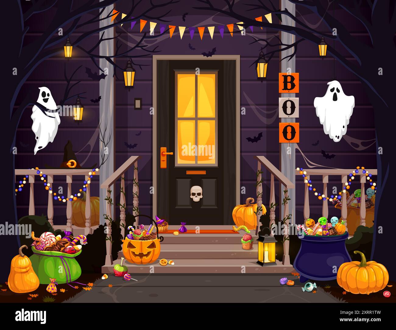 Halloween door porch with sweets in buckets, scary ghosts and pumpkins ...
