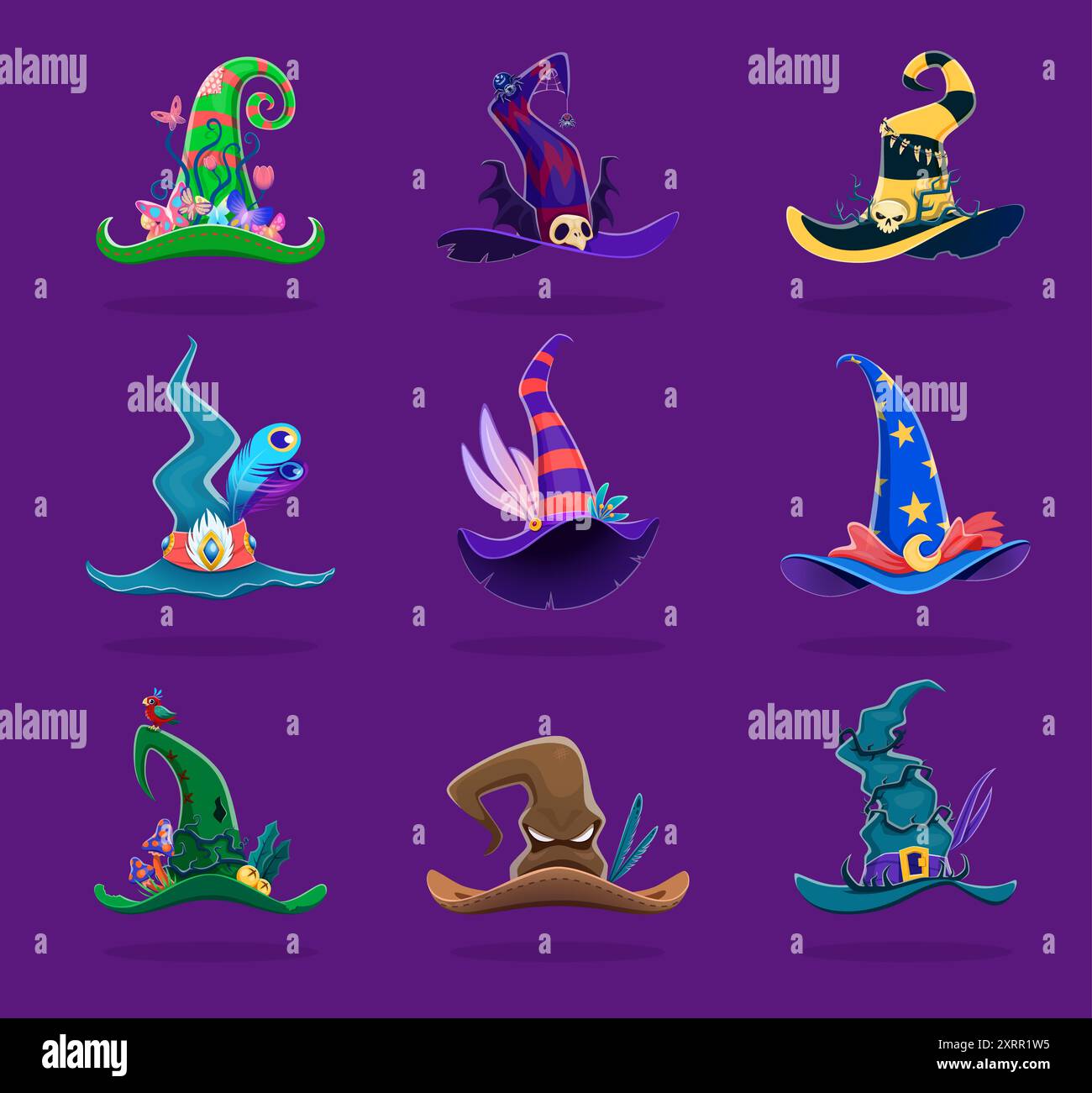 Cartoon Halloween witch hats, pointed and mysterious, adorned with ...