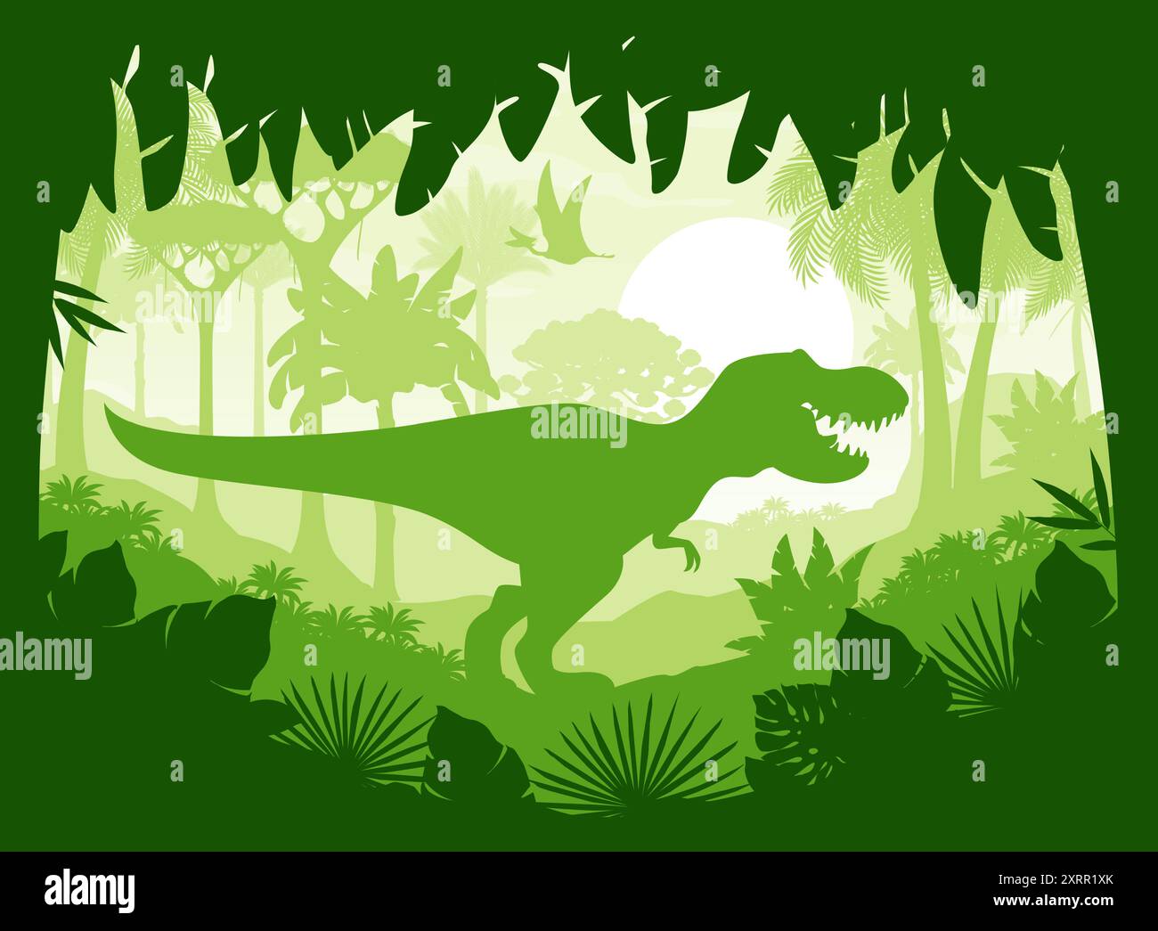 T Rex dinosaur silhouette in jungle tropical forest of Jurassic park ...