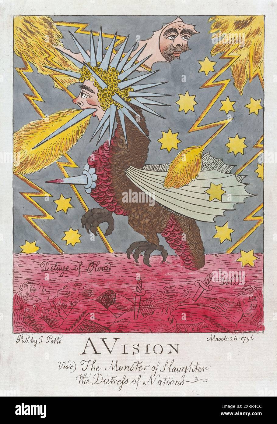 A humorous cartoon print coloured engraving of a Vision of the monster ...
