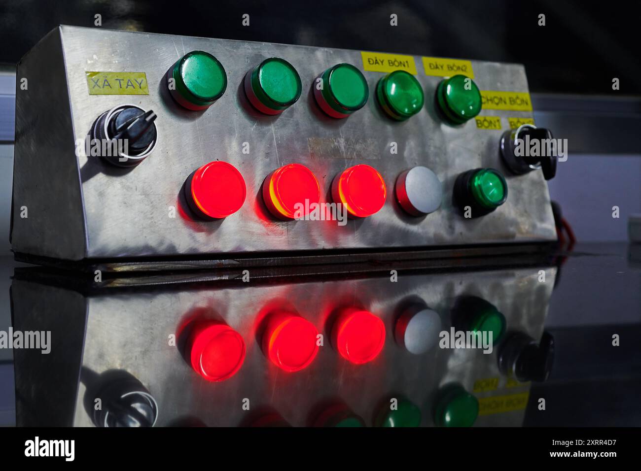 Old mechanical switchboard with red and green buttons Stock Photo - Alamy