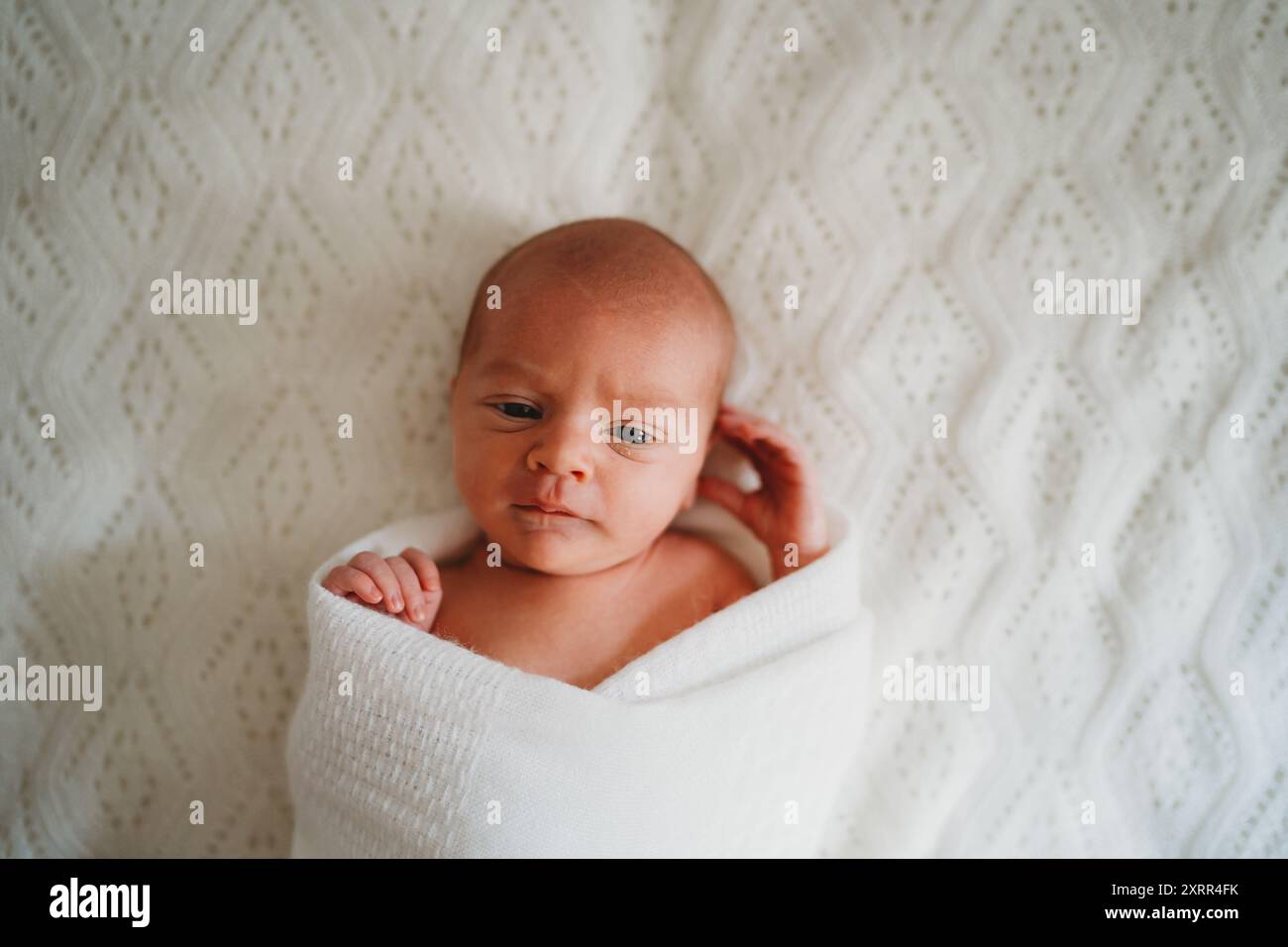 Portrait of calm newborn baby boy wrapped in white Stock Photo - Alamy