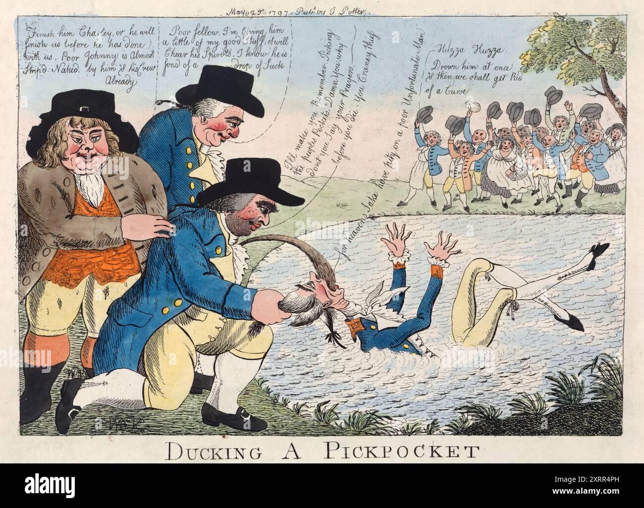 A humorous cartoon print coloured engraving of Ducking a pickpocket ...