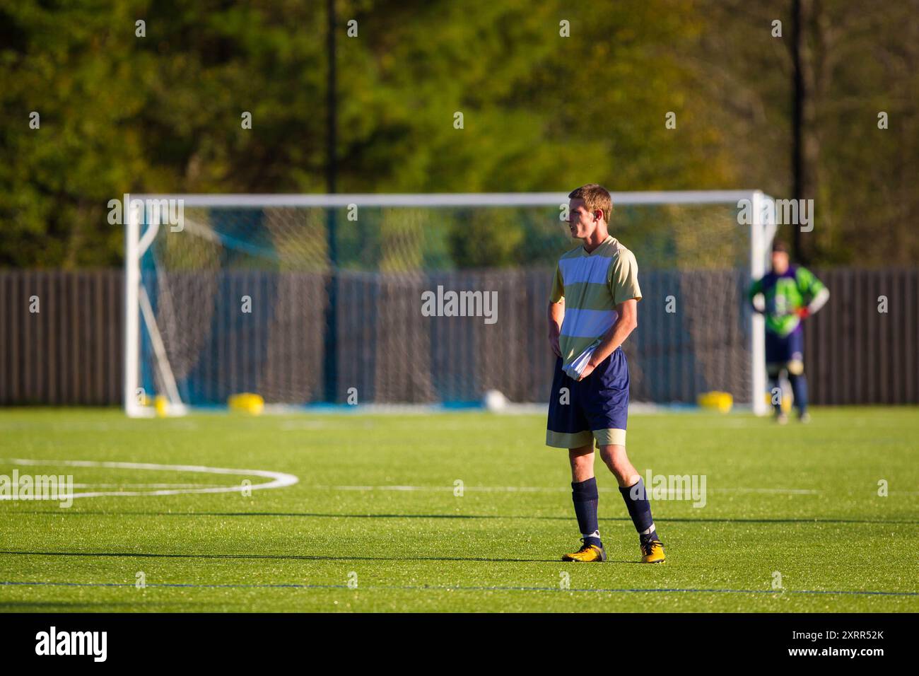 Soccer players in front of the goal during a break mid-game Stock Photo ...