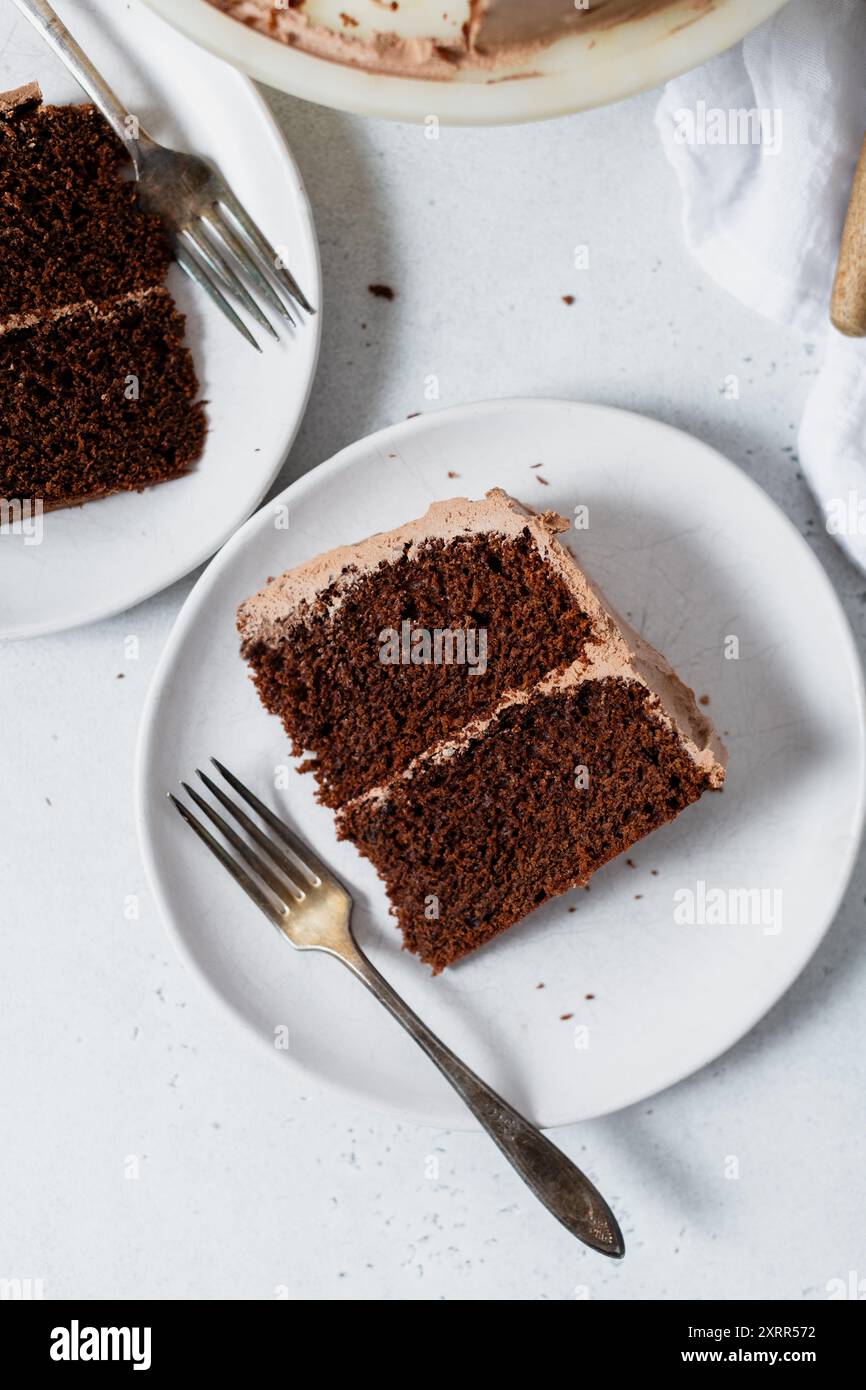 Two chocolate cake plates with forks Stock Photo - Alamy