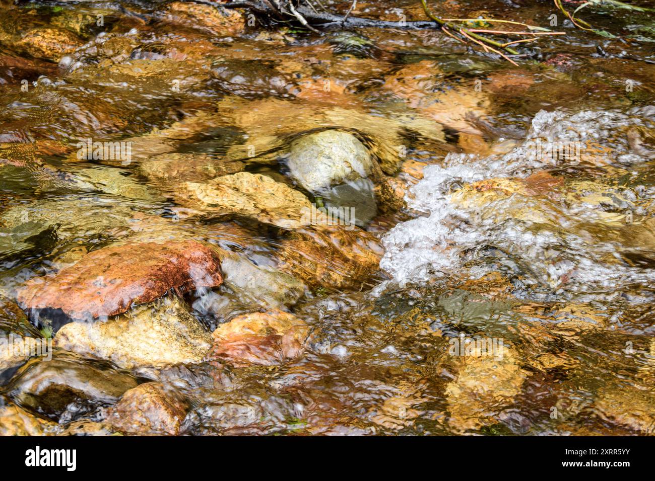 Clear stream flowing over rocks and pebbles with gentle ripples Stock ...