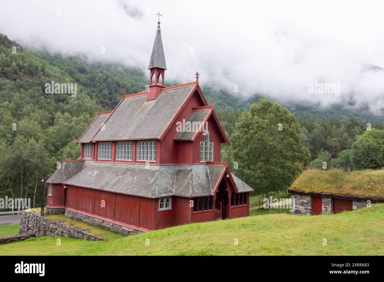Landscape with red Borgund church (Borgund nye kyrkje) in Norway near ...