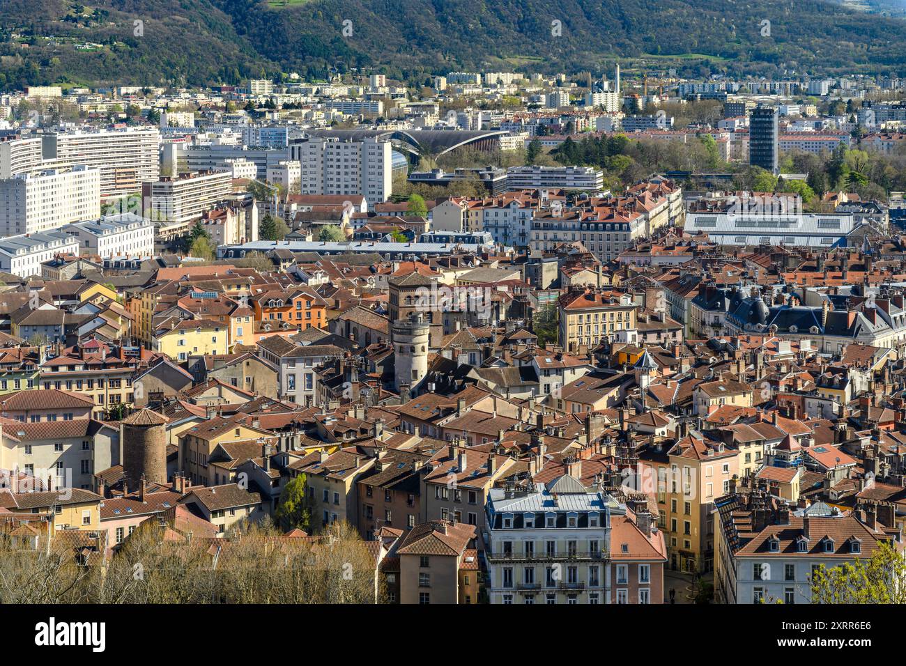 Cityscape, aerial view, high over the rooftops of Grenoble, France ...